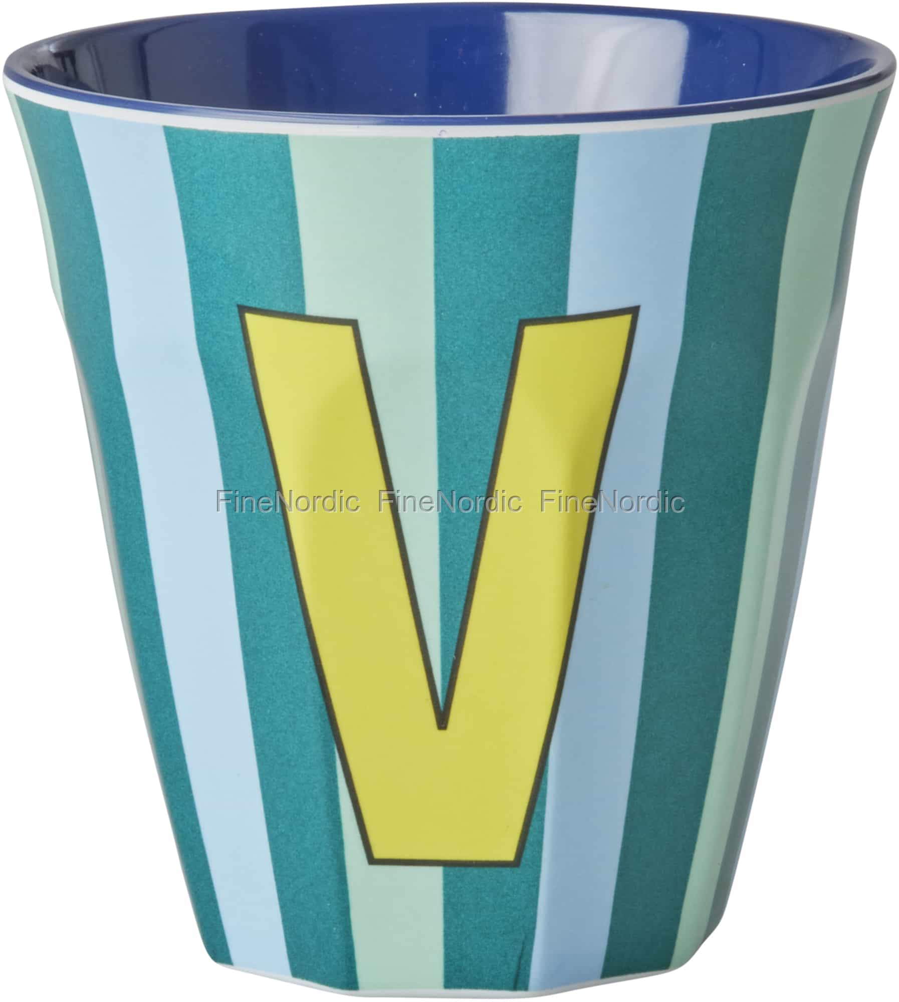 Rice Melamin Kopp med Bokstaven V - Alfabet Striper Blueish