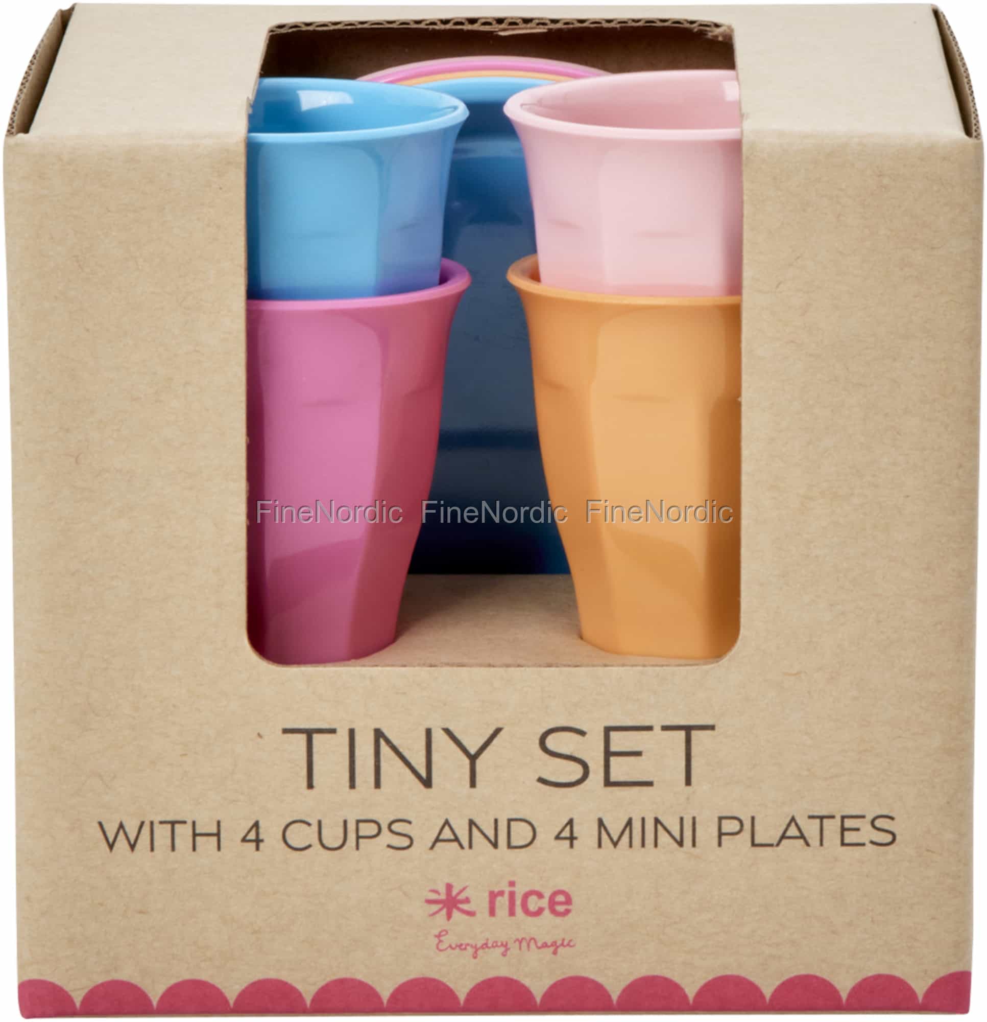 Rice Melamin Mini Sett - 4 Mini Kopper og 4 Mini Tallerkener i Gaveeske