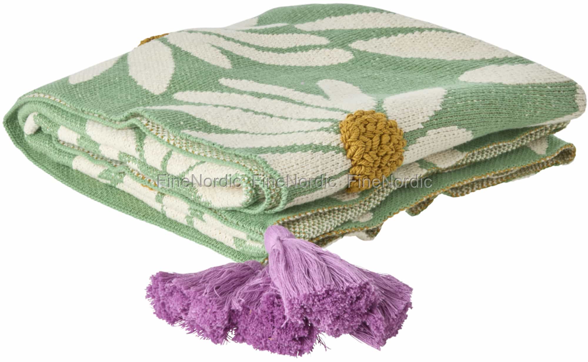 Rice Strikket Pledd - Grønn - Pregede Blomster - Lilla Dusker